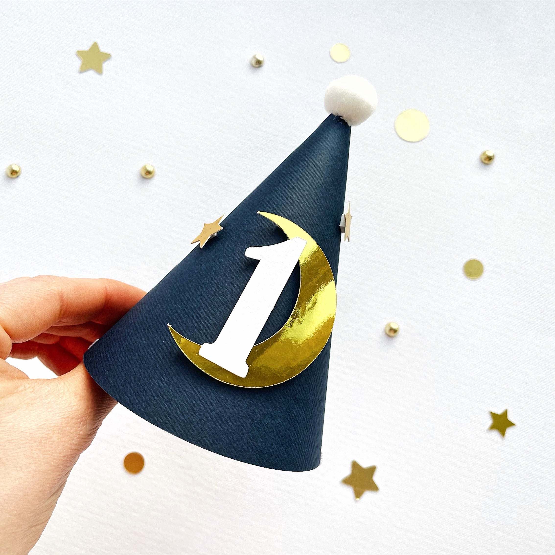 Over The Moon Party Hat Moon Navy Blue First Birthday Party